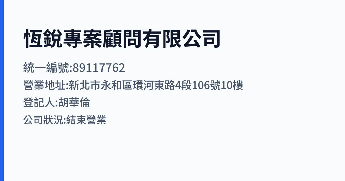 恆銳專案顧問有限公司 - 統編 89117762(新北市) 公司登記資料與營業項目詳細圖表
