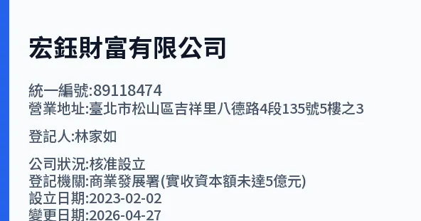 宏鈺財富有限公司的照片-統編 89118474(臺北市) 公司登記資料與營業項目詳細圖表