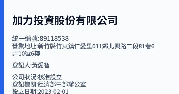 加力投資股份有限公司的照片-統編 89118538(新竹縣) 公司登記資料與營業項目詳細圖表