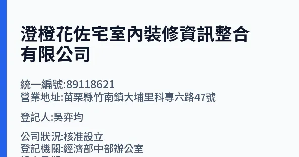 澄橙花佐宅室內裝修資訊整合有限公司的照片-統編 89118621(苗栗縣) 公司登記資料與營業項目詳細圖表