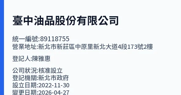 臺中油品股份有限公司的照片-統編 89118755(新北市) 公司登記資料與營業項目詳細圖表