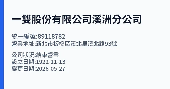 一雙股份有限公司溪洲分公司的照片-統編 89118782(新北市) 公司登記資料與營業項目詳細圖表