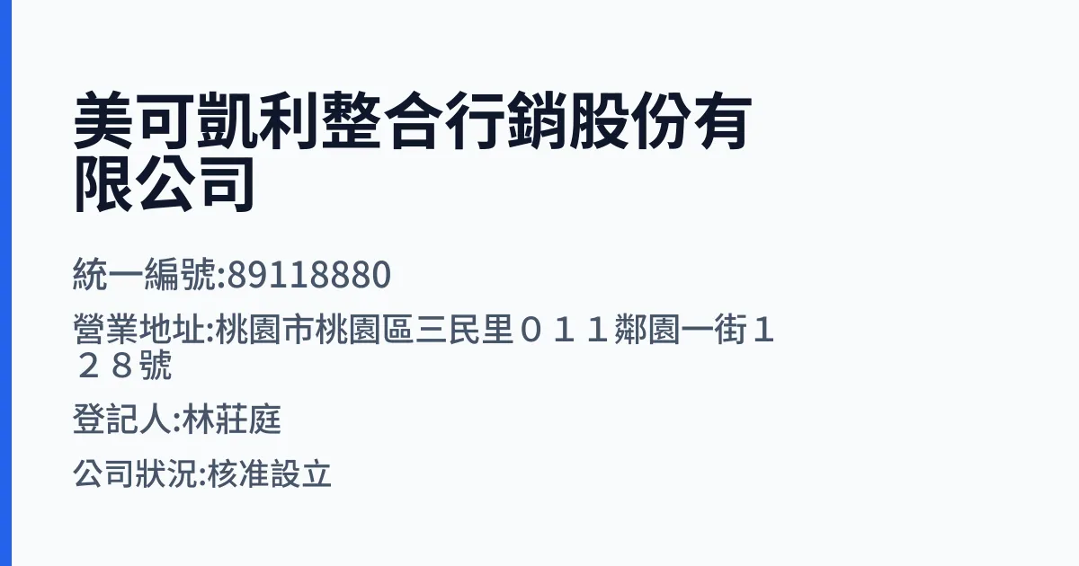 美可凱利整合行銷股份有限公司 - 統編 89118880(新北市) 公司登記資料與營業項目詳細圖表
