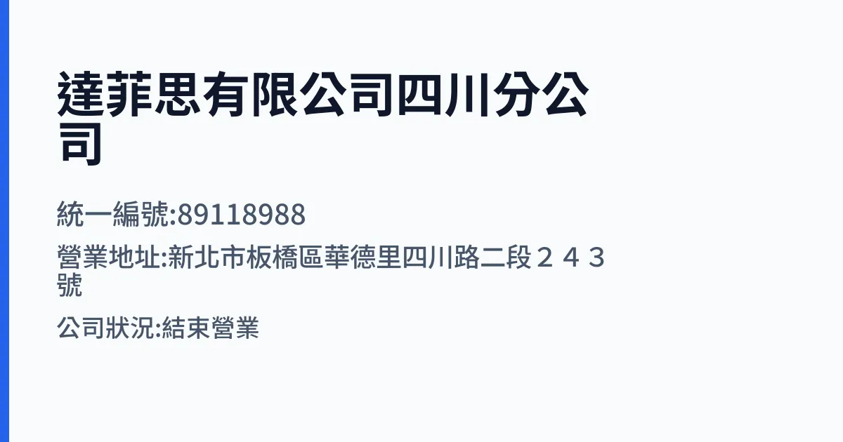 達菲思有限公司四川分公司 - 統編 89118988(新北市) 公司登記資料與營業項目詳細圖表