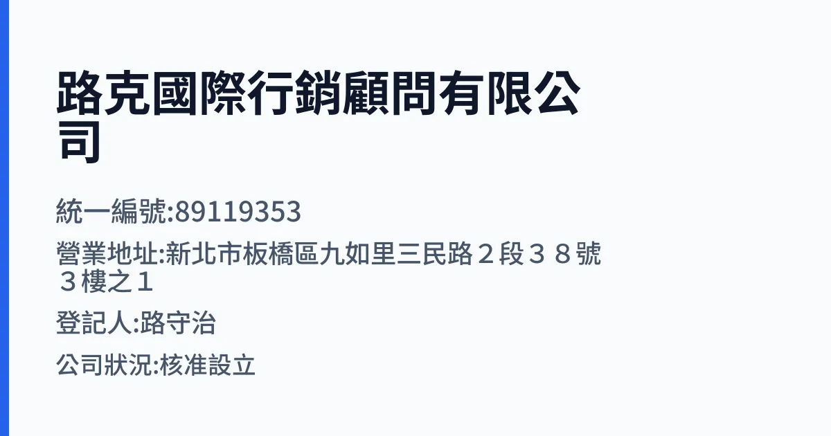 路克國際行銷顧問有限公司 - 統編 89119353(新北市) 公司登記資料與營業項目詳細圖表