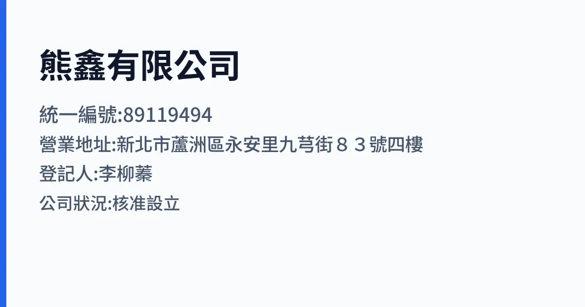 熊鑫有限公司 - 統編 89119494(新北市) 公司登記資料與營業項目詳細圖表