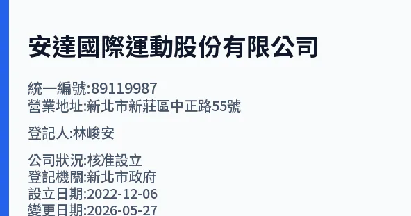 安達國際運動股份有限公司的照片-統編 89119987(新北市) 公司登記資料與營業項目詳細圖表