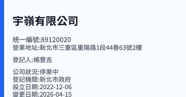 宇嶺有限公司的照片-統編 89120020(新北市) 公司登記資料與營業項目詳細圖表