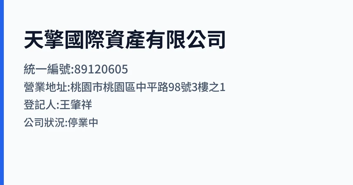 天擎國際資產有限公司 - 統編 89120605(桃園市) 公司登記資料與營業項目詳細圖表