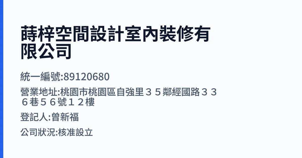 蒔梓空間設計室內裝修有限公司 - 統編 89120680(桃園市) 公司登記資料與營業項目詳細圖表