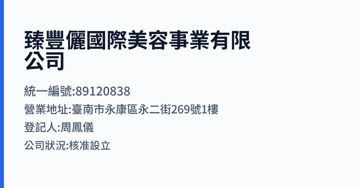 臻豐儷國際美容事業有限公司 - 統編 89120838(臺南市) 公司登記資料與營業項目詳細圖表