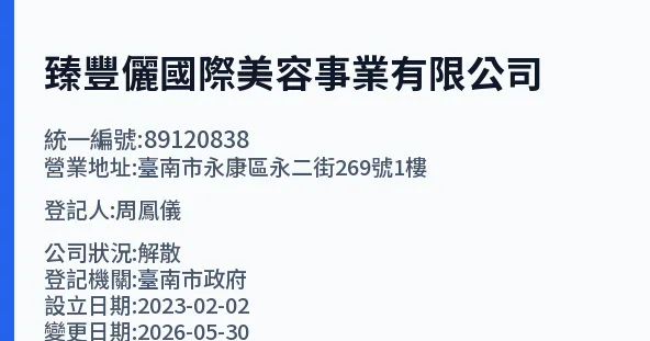臻豐儷國際美容事業有限公司的照片-統編 89120838(臺南市) 公司登記資料與營業項目詳細圖表