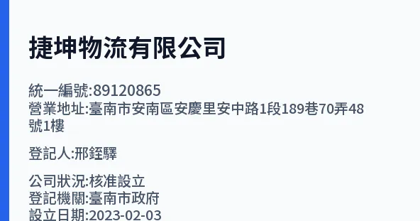 捷坤物流有限公司的照片-統編 89120865(臺南市) 公司登記資料與營業項目詳細圖表
