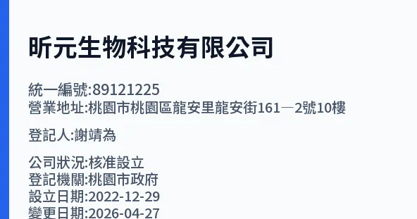 昕元生物科技有限公司的照片-統編 89121225(桃園市) 公司登記資料與營業項目詳細圖表