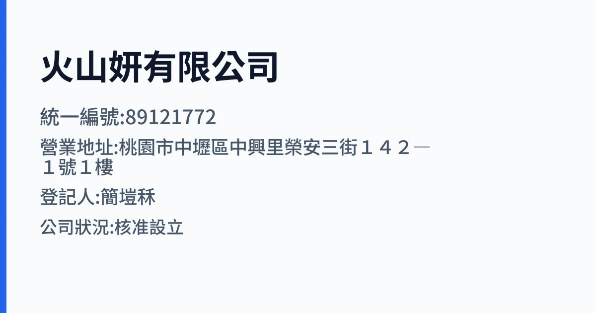 火山妍有限公司 - 統編 89121772（桃園市） 公司登記資料與營業項目詳細圖表