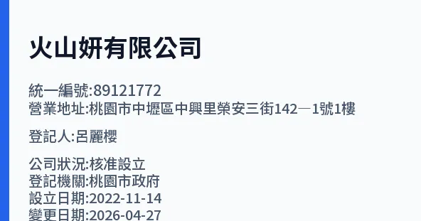 火山妍有限公司的照片-統編 89121772(桃園市) 公司登記資料與營業項目詳細圖表