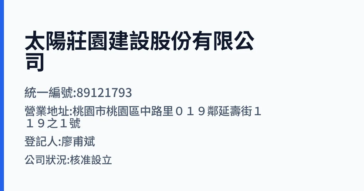 太陽莊園建設股份有限公司 - 統編 89121793(桃園市) 公司登記資料與營業項目詳細圖表