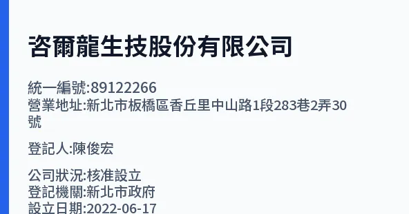 咨爾龍生技股份有限公司的照片-統編 89122266(新北市) 公司登記資料與營業項目詳細圖表