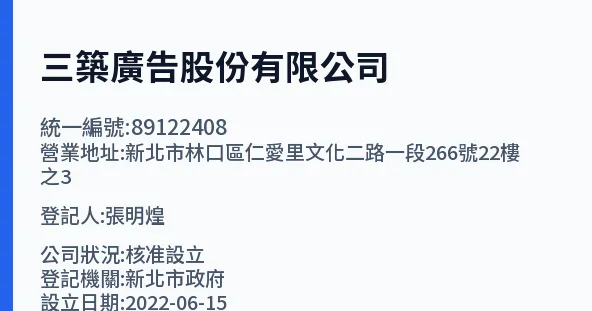 三築廣告股份有限公司的照片-統編 89122408(新北市) 公司登記資料與營業項目詳細圖表