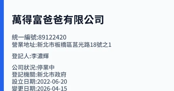 萬得富爸爸有限公司的照片-統編 89122420(新北市) 公司登記資料與營業項目詳細圖表