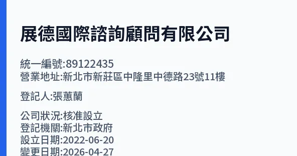 展德國際諮詢顧問有限公司的照片-統編 89122435(新北市) 公司登記資料與營業項目詳細圖表