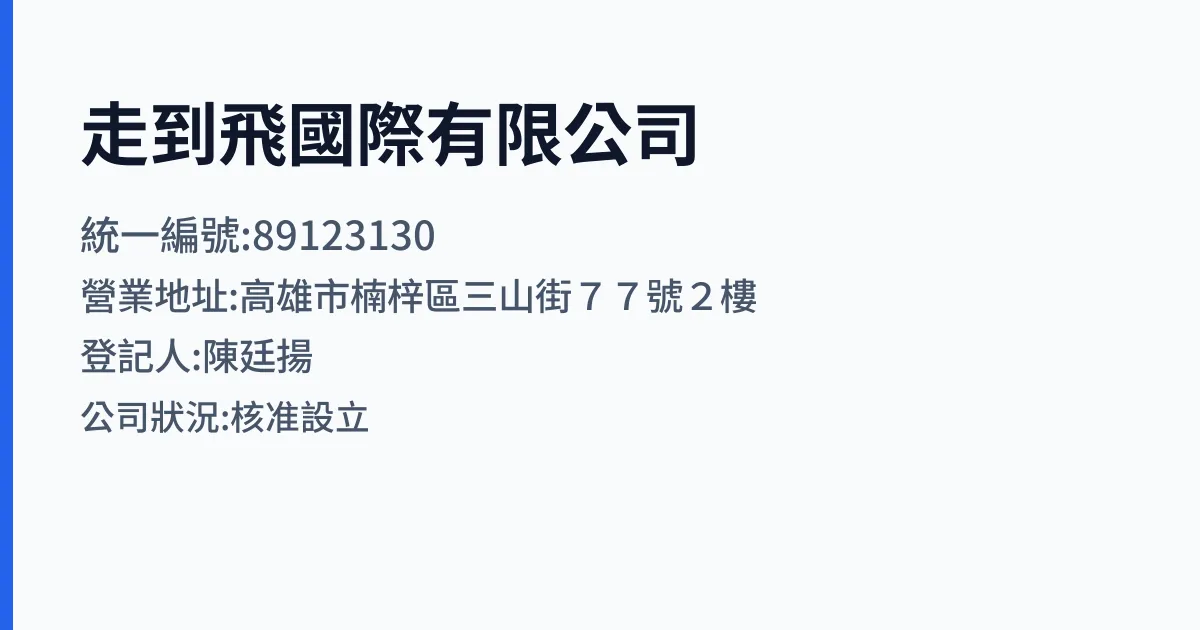 走到飛國際有限公司 - 統編 89123130(高雄市) 公司登記資料與營業項目詳細圖表