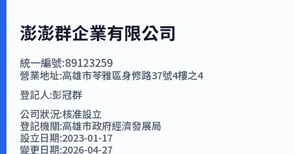 澎澎群企業有限公司的照片-統編 89123259(高雄市) 公司登記資料與營業項目詳細圖表