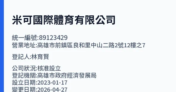 米可國際體育有限公司的照片-統編 89123429(高雄市) 公司登記資料與營業項目詳細圖表