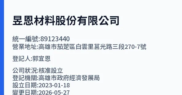 昱恩材料股份有限公司的照片-統編 89123440(高雄市) 公司登記資料與營業項目詳細圖表