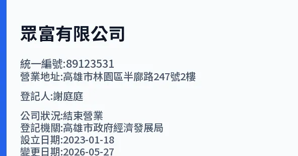 眾富有限公司的照片-統編 89123531(高雄市) 公司登記資料與營業項目詳細圖表