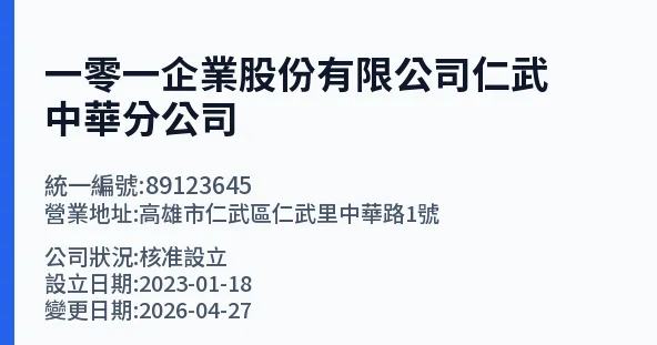 一零一企業股份有限公司仁武中華分公司的照片-統編 89123645(高雄市) 公司登記資料與營業項目詳細圖表