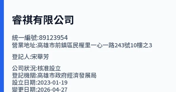 睿祺有限公司的照片-統編 89123954(高雄市) 公司登記資料與營業項目詳細圖表