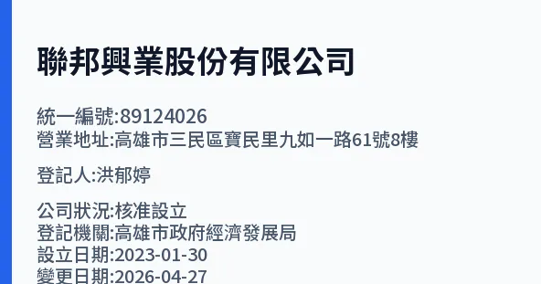 聯邦興業股份有限公司的照片-統編 89124026(高雄市) 公司登記資料與營業項目詳細圖表