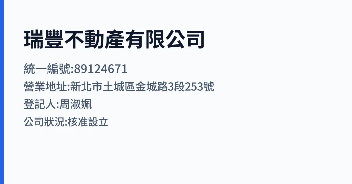瑞豐不動產有限公司 - 統編 89124671(新北市) 公司登記資料與營業項目詳細圖表