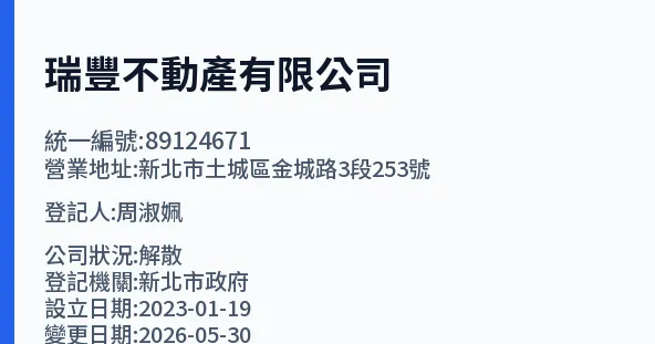 瑞豐不動產有限公司的照片-統編 89124671(新北市) 公司登記資料與營業項目詳細圖表