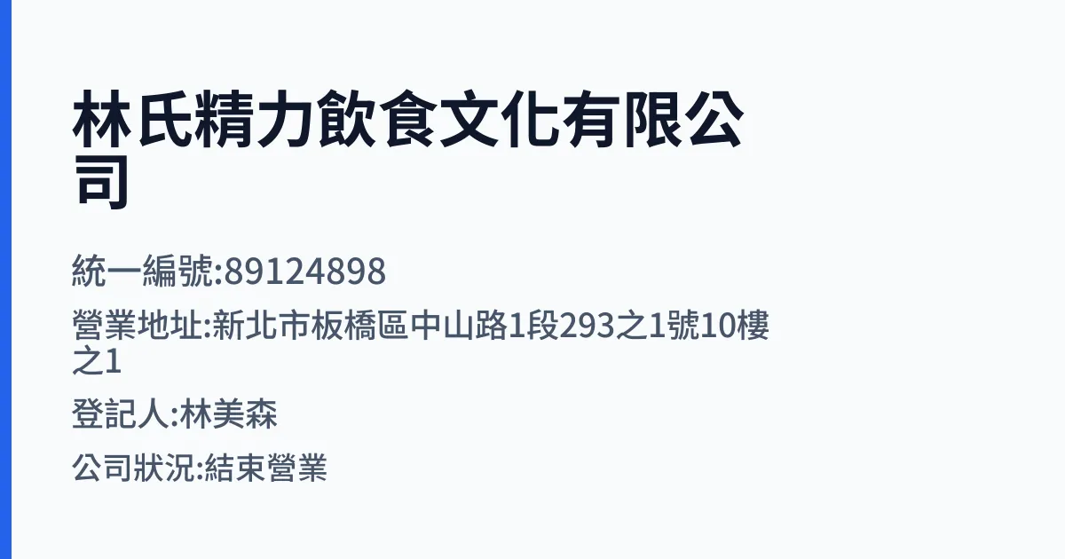 林氏精力飲食文化有限公司 - 統編 89124898(新北市) 公司登記資料與營業項目詳細圖表