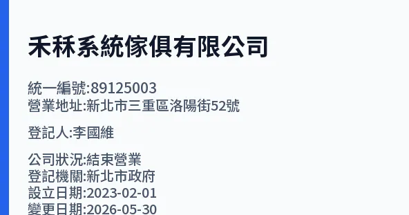 禾秝系統傢俱有限公司的照片-統編 89125003(新北市) 公司登記資料與營業項目詳細圖表