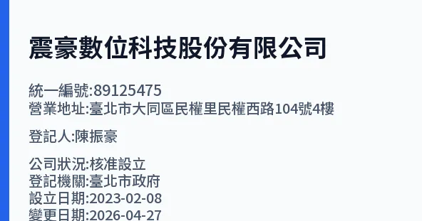 震豪數位科技股份有限公司的照片-統編 89125475(臺北市) 公司登記資料與營業項目詳細圖表