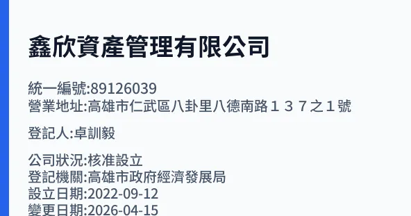 鑫欣資產管理有限公司的照片-統編 89126039(高雄市) 公司登記資料與營業項目詳細圖表