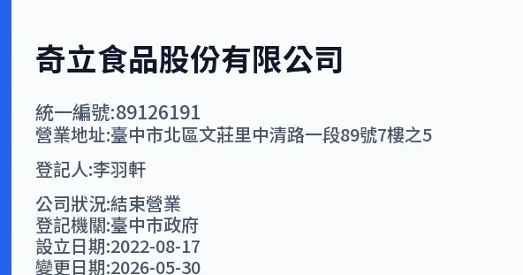 奇立食品股份有限公司的照片-統編 89126191(臺中市) 公司登記資料與營業項目詳細圖表