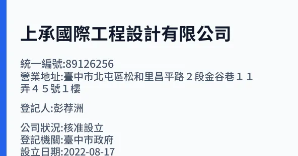 上承國際工程設計有限公司的照片-統編 89126256(臺中市) 公司登記資料與營業項目詳細圖表