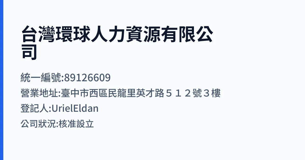 台灣環球人力資源有限公司 - 統編 89126609(臺中市) 公司登記資料與營業項目詳細圖表