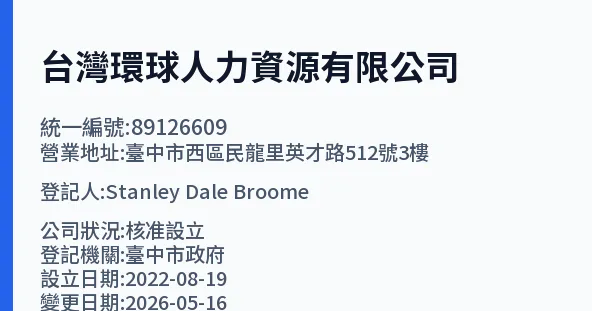 台灣環球人力資源有限公司的照片-統編 89126609(臺中市) 公司登記資料與營業項目詳細圖表