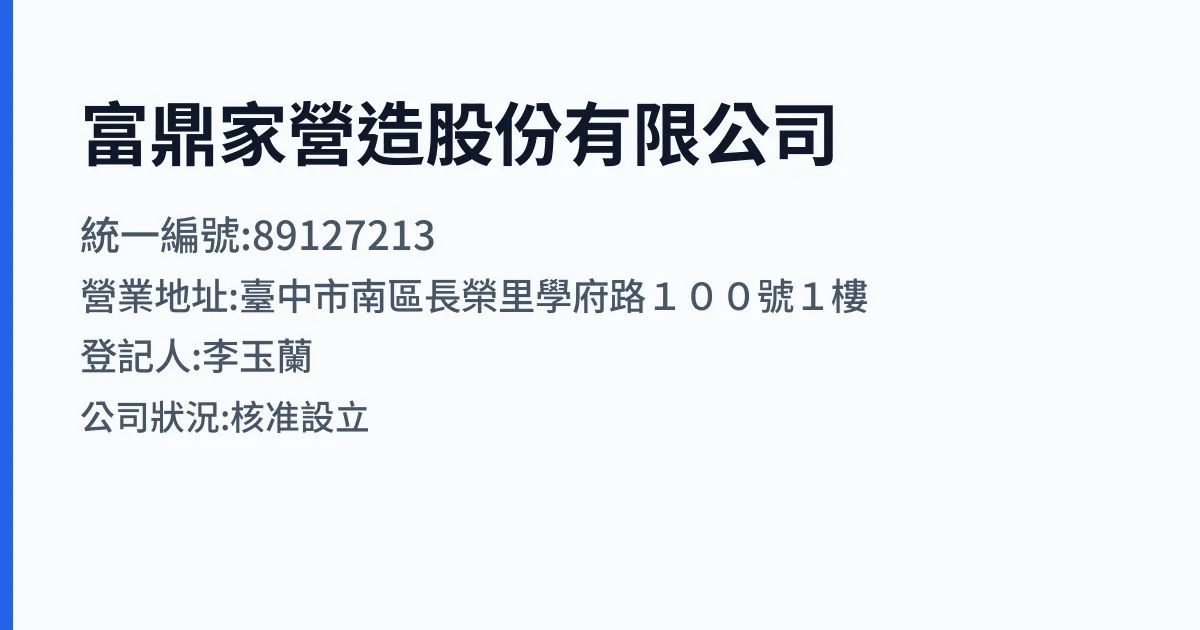 富鼎家營造股份有限公司 - 統編 89127213(臺中市) 公司登記資料與營業項目詳細圖表