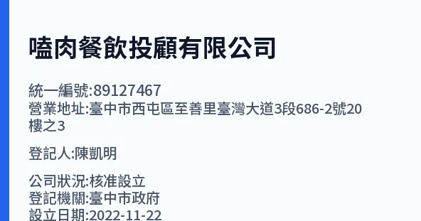 嗑肉餐飲投顧有限公司的照片-統編 89127467(臺中市) 公司登記資料與營業項目詳細圖表