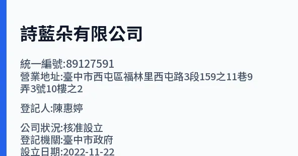 詩藍朵有限公司的照片-統編 89127591(臺中市) 公司登記資料與營業項目詳細圖表