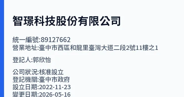 智璟科技股份有限公司的照片-統編 89127662(臺中市) 公司登記資料與營業項目詳細圖表