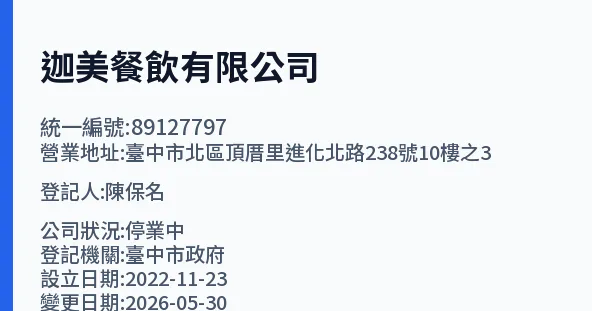 迦美餐飲有限公司的照片-統編 89127797(臺中市) 公司登記資料與營業項目詳細圖表