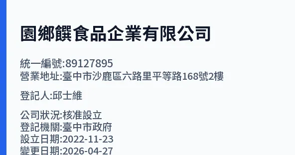園鄉饌食品企業有限公司的照片-統編 89127895(臺中市) 公司登記資料與營業項目詳細圖表