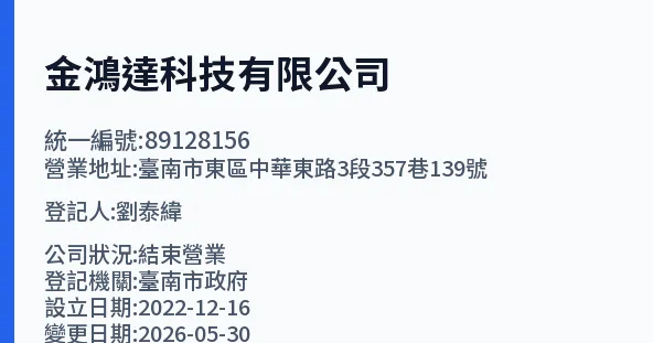 金鴻達科技有限公司的照片-統編 89128156(臺南市) 公司登記資料與營業項目詳細圖表
